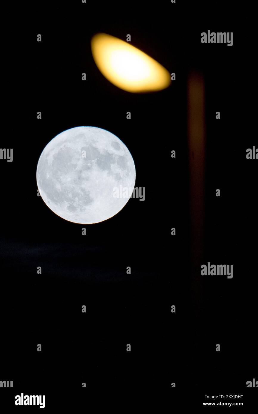 Photo taken on October 31, 2022 shows "blue moon" over Zagreb, Croatia ...