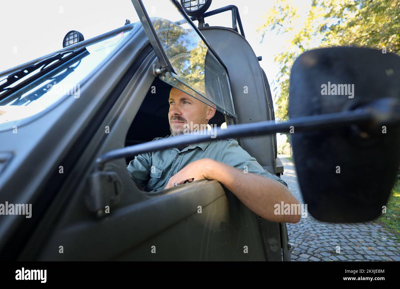 Valentino Valjak with his dog Smokie in his Citroen 2cv in Zagreb ...