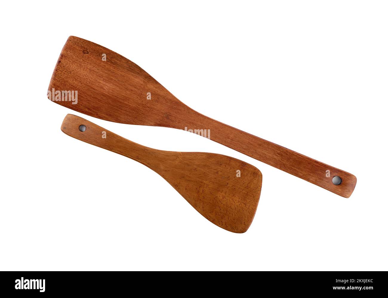 Two wooden kitchen spatulas isolated on a white background. Top view ...