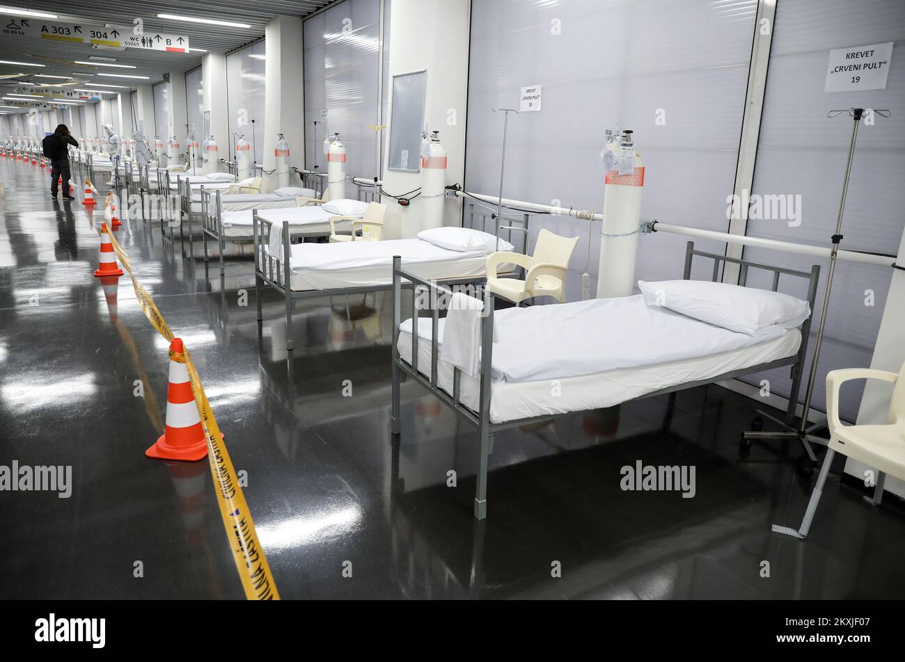 Beds are seen in Arena Zagreb, as the sports arena is converted to a ...