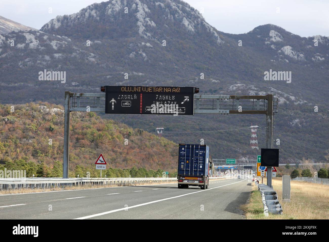 Road traffic in Rijeka, Croatia, November 5,2020.The strong wind raises ...