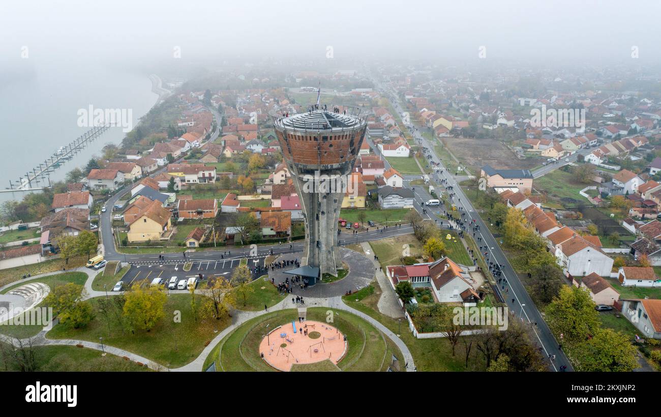 Aerial footage of Vukovar water tower on the Day of Remembrance of the ...