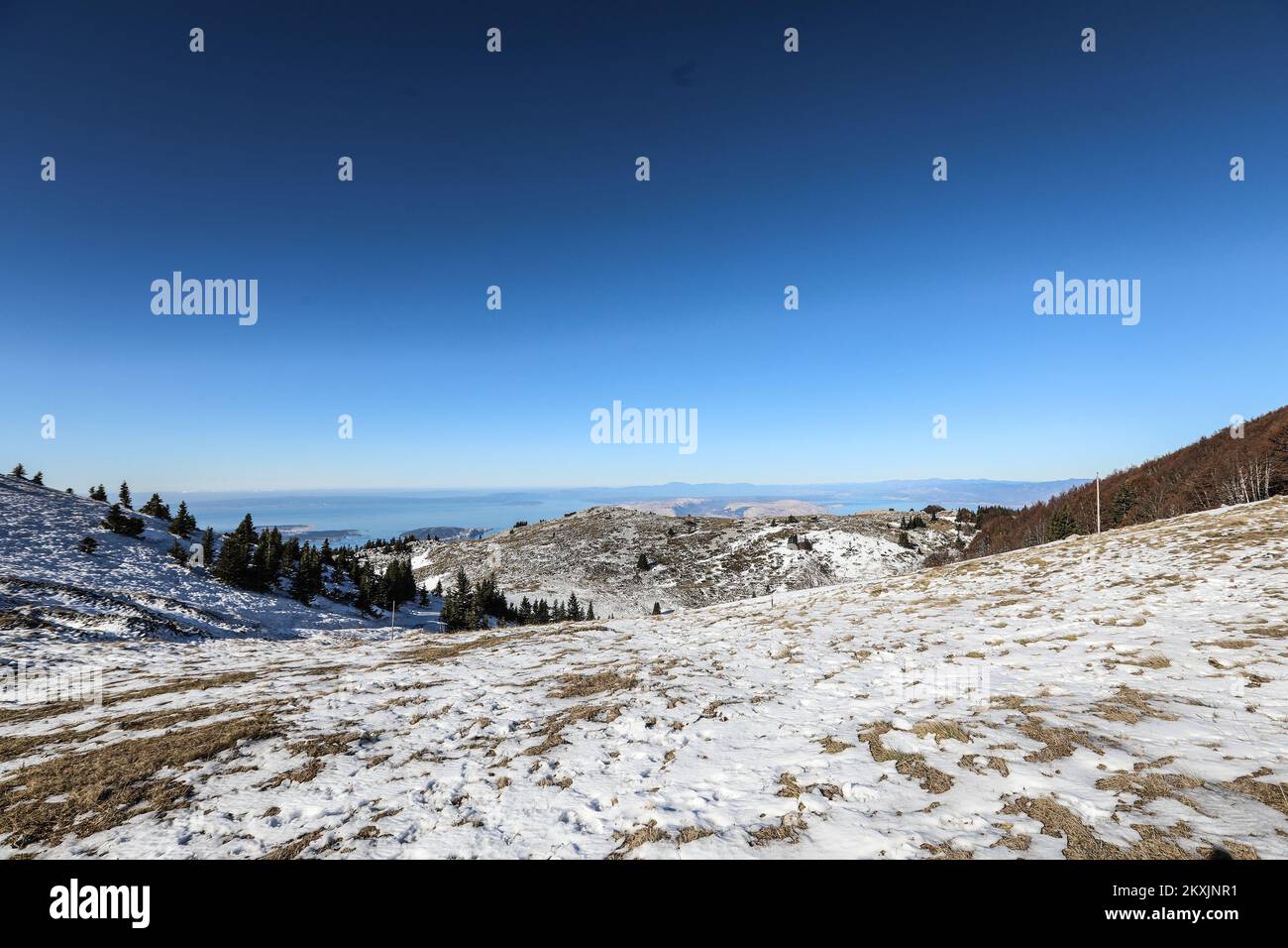 Late autumn and the first snow of this season at the slopes of the ...