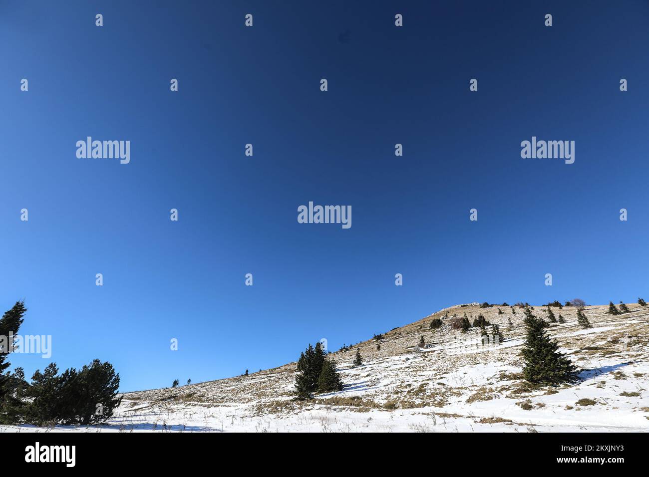 Late autumn and the first snow of this season at the slopes of the ...