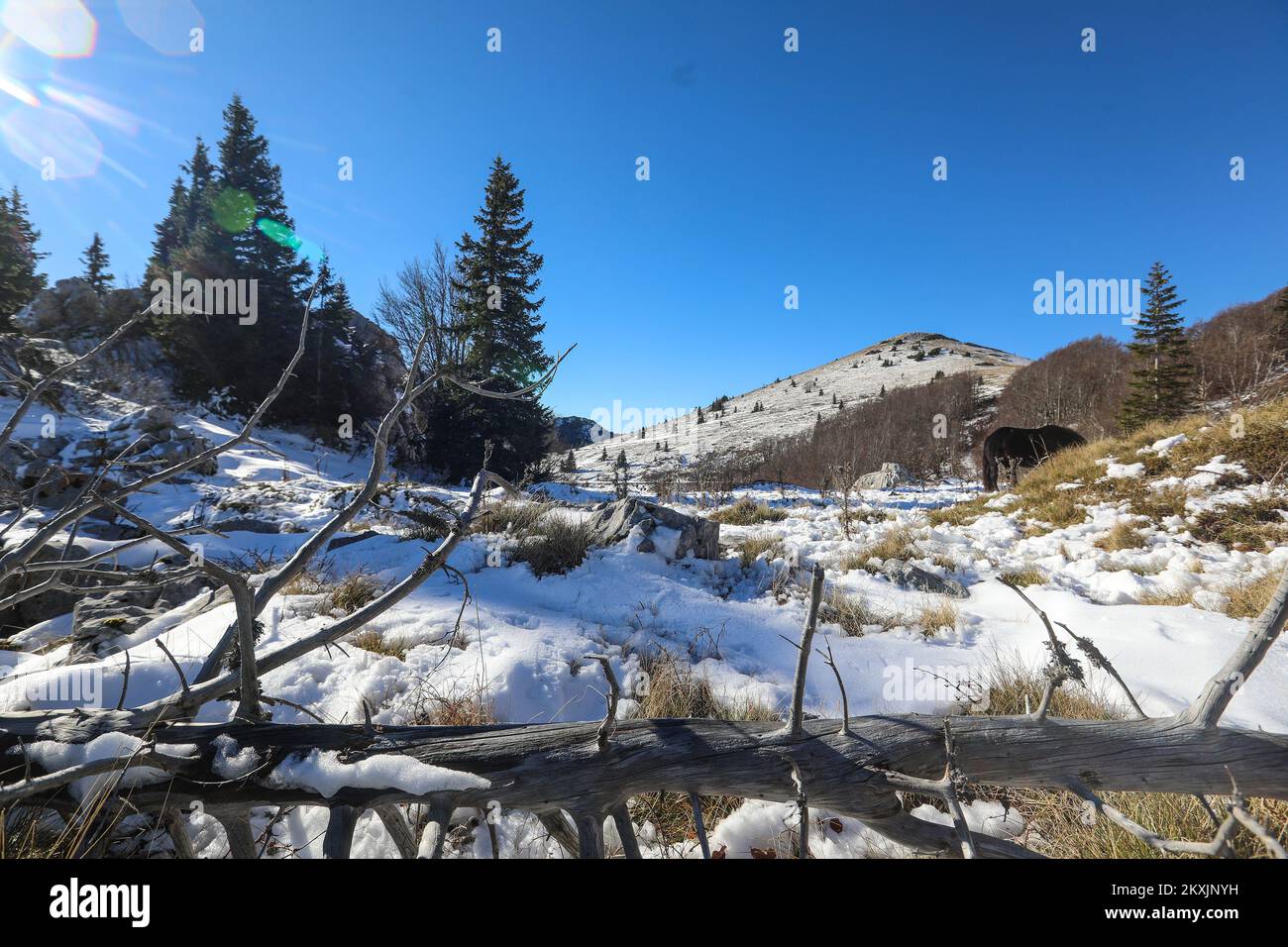Late autumn and the first snow of this season at the slopes of the ...