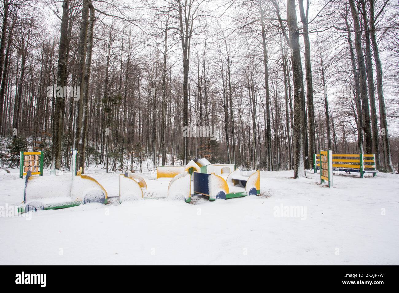 The first snow of this season fall at ski resort Platak located north ...