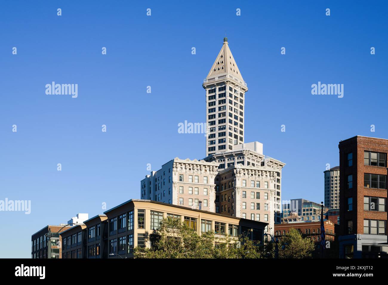 Seattle - August 07, 2022; Historic Smith Tower skyscaper rising above ...