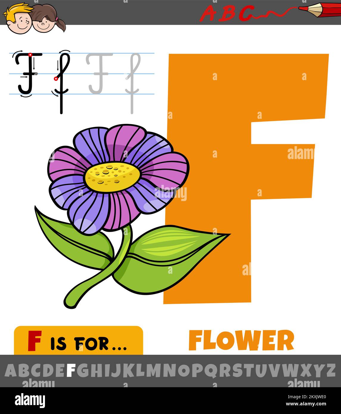 Educational cartoon illustration of letter F from alphabet with flower ...