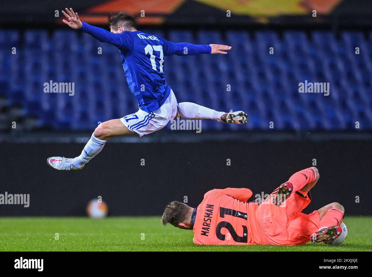 Luka Ivanusec of Dinamo in action with goalkeeper Nick Marsman of ...