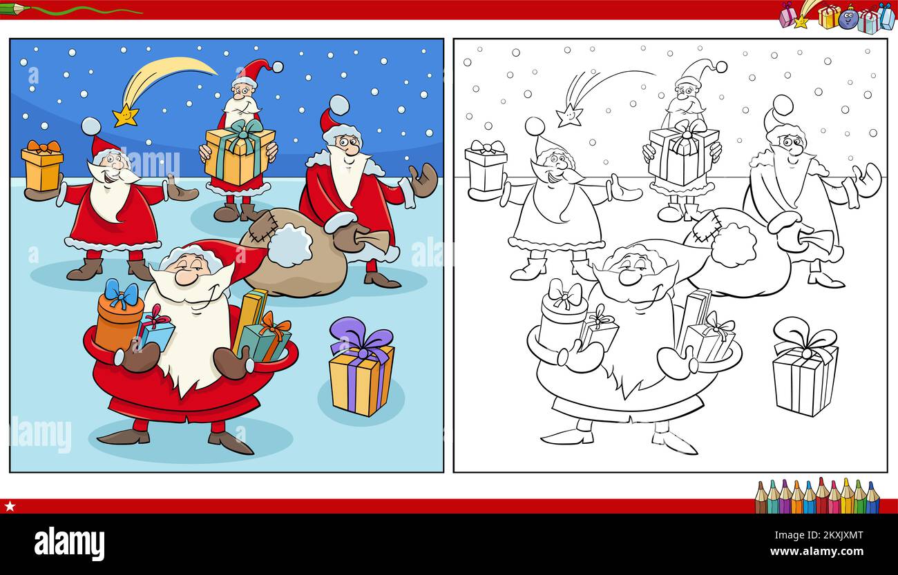 Cartoon illustration of Santa Claus characters on Christmas time ...