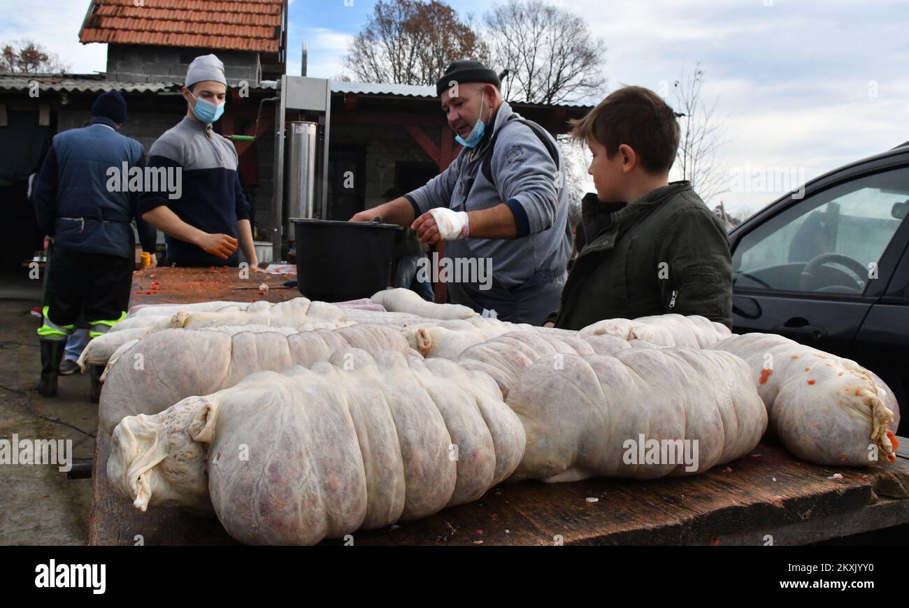 Blood sausages are pictured during traditional Slavonian pig slaugher ...