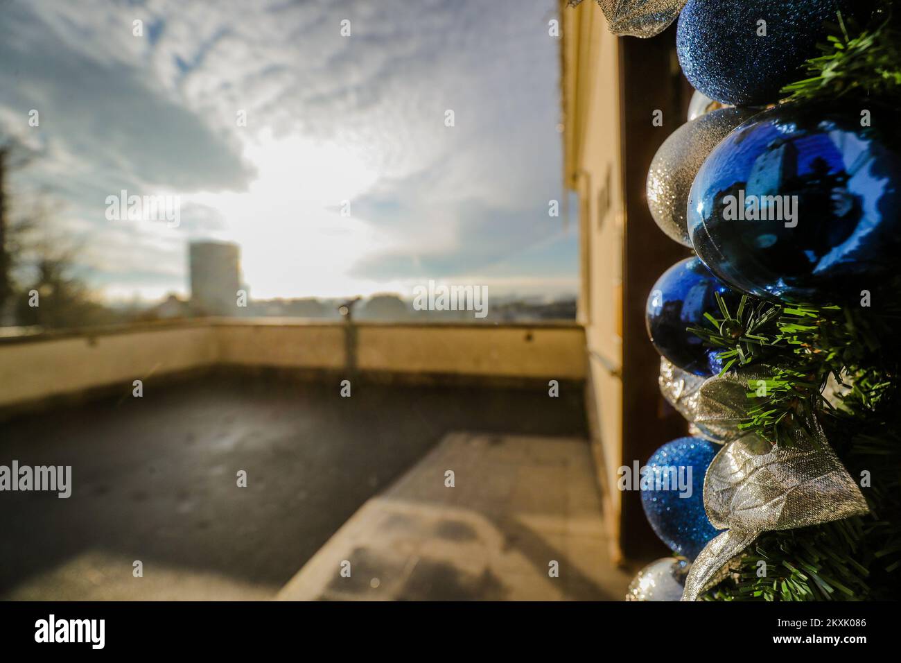Christmas decorations at the entrance to the Zagreb funicular in Zagreb ...