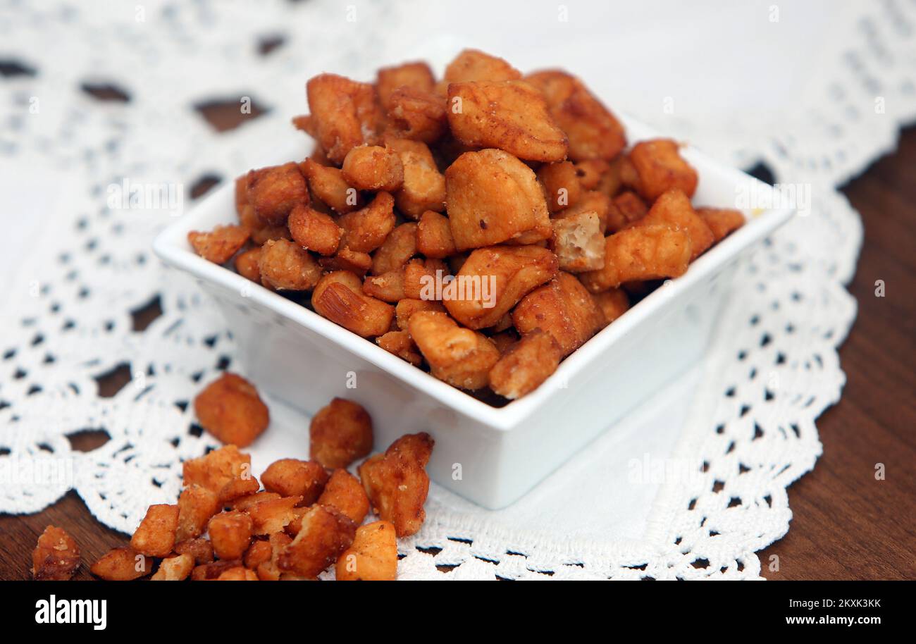 Cvarci ( pork crisps) are pictured in Karlovac, Croatia on December 17 ...