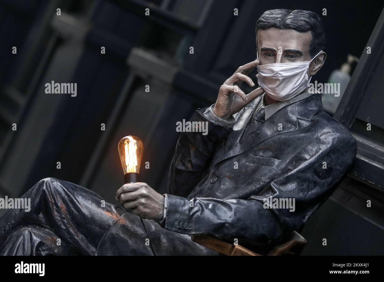 Scientist Nikola Tesla statue wearing safety mask during COVID-19 in ...