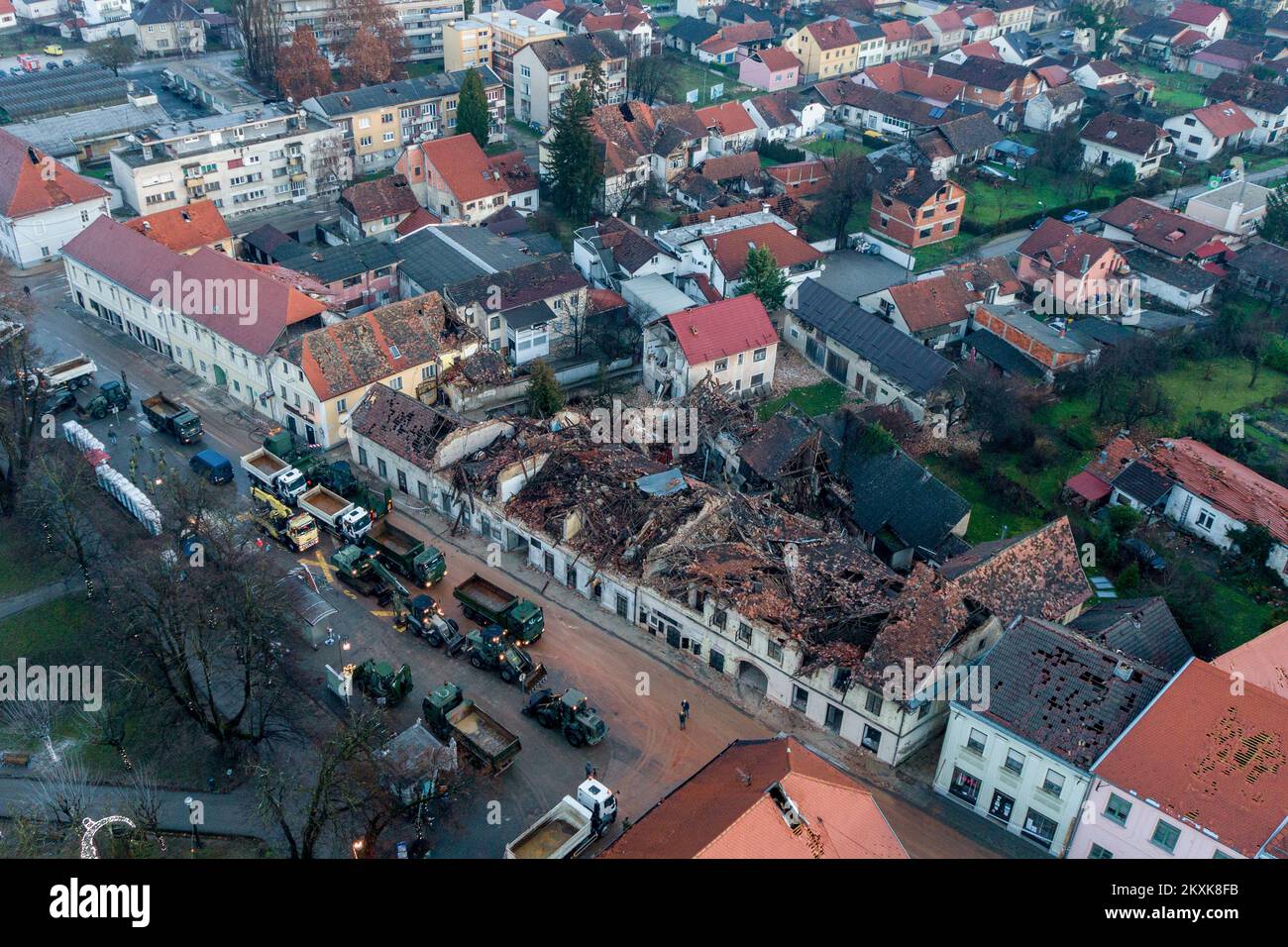 Drone view of damaged buildings after an earthquake in Petrinja ...