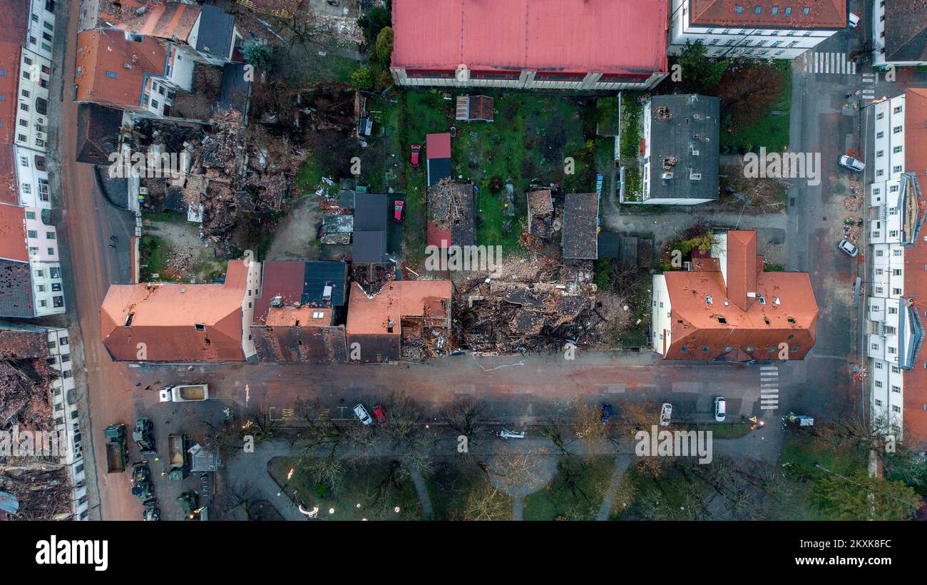 Drone view of damaged buildings after an earthquake in Petrinja ...