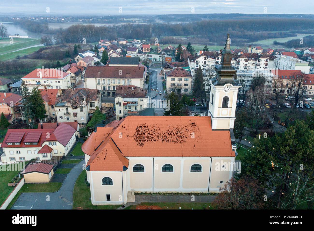 Drone view of damaged buildings after an earthquake in Petrinja ...
