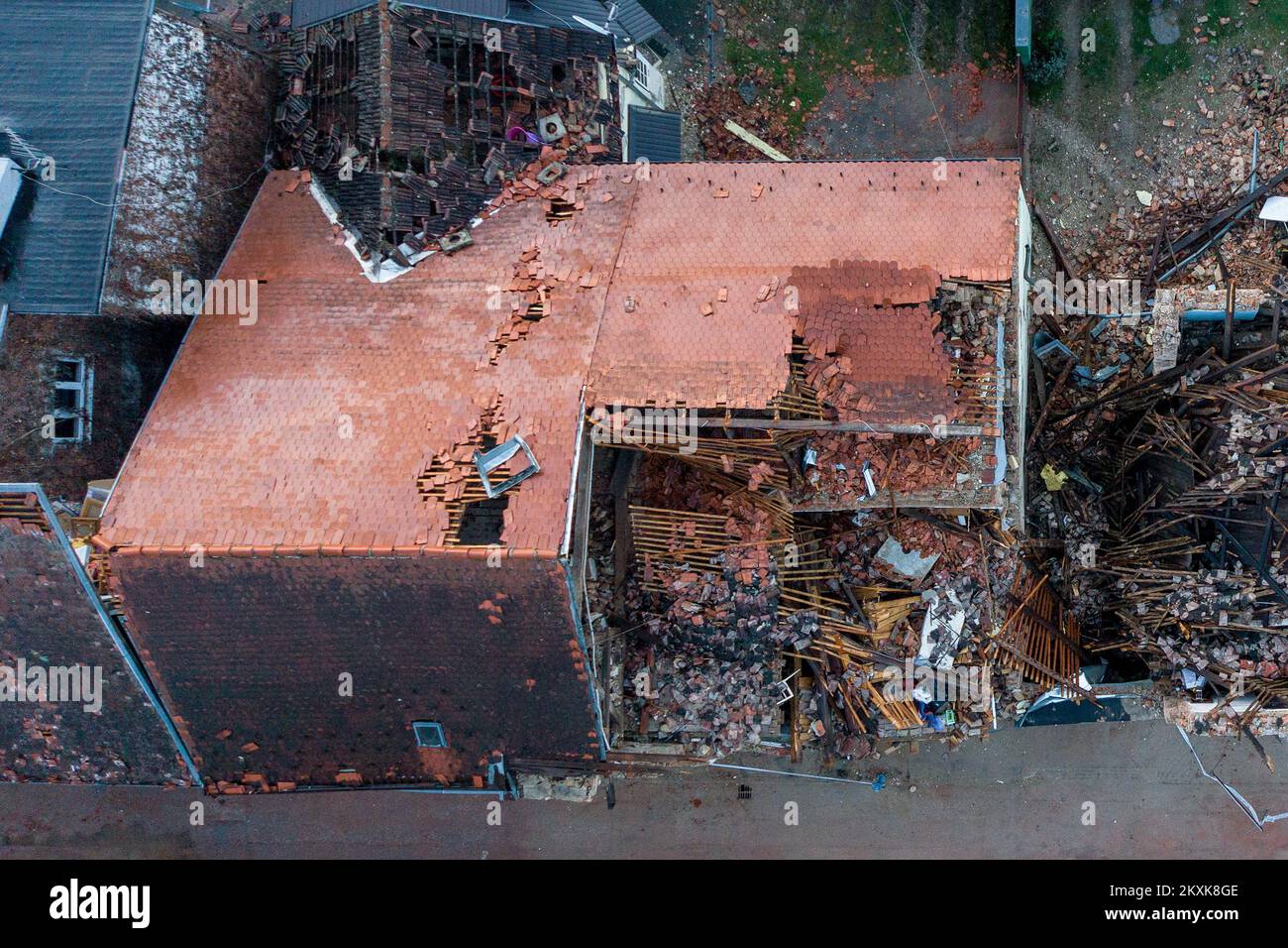 Drone view of damaged buildings after an earthquake in Petrinja ...