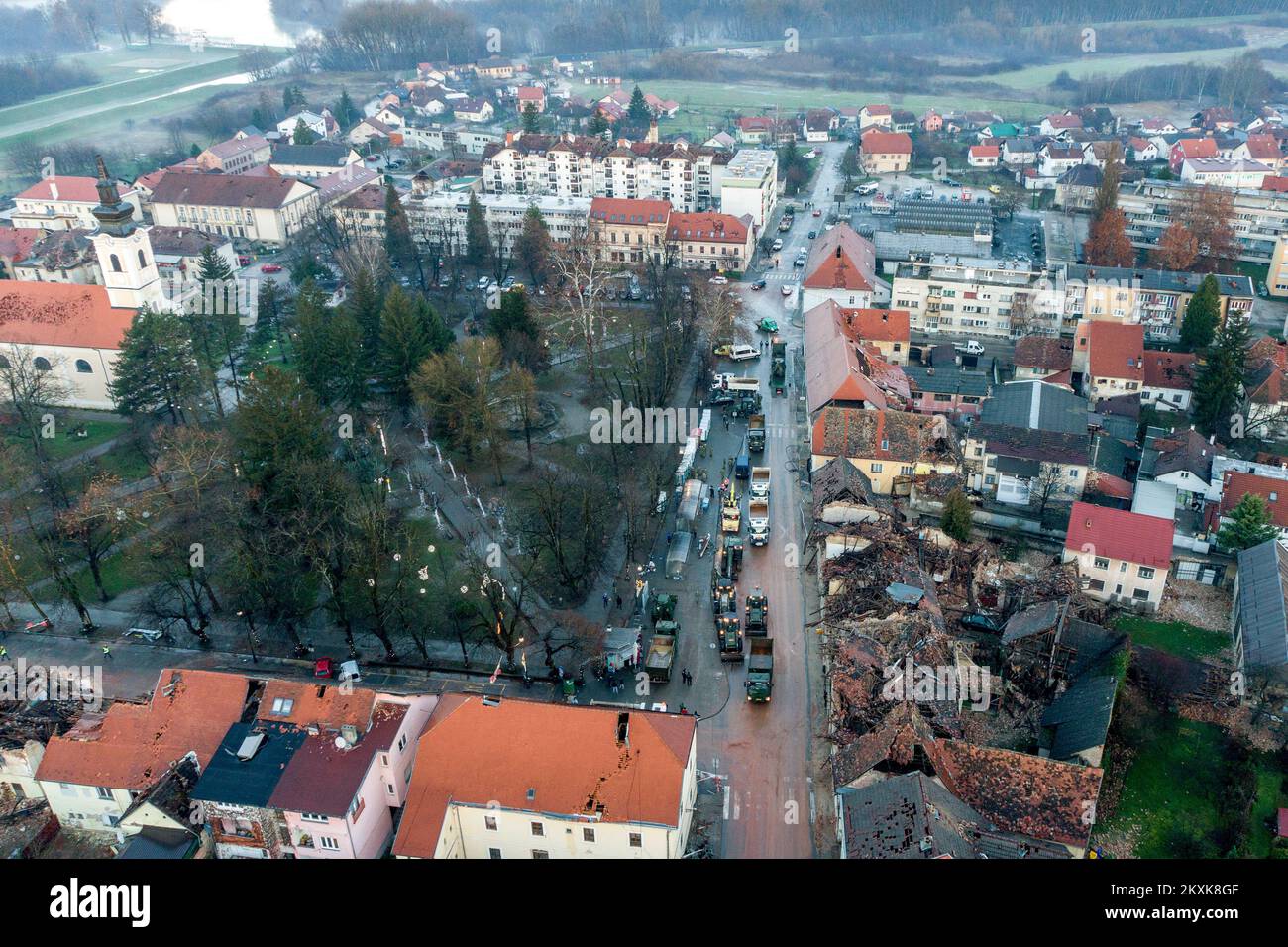 Drone view of damaged buildings after an earthquake in Petrinja ...