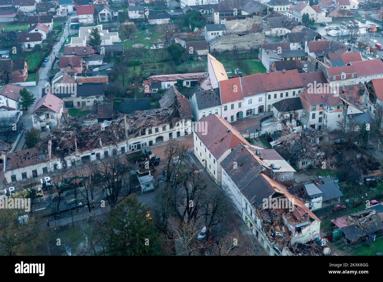Drone view of damaged buildings after an earthquake in Petrinja ...