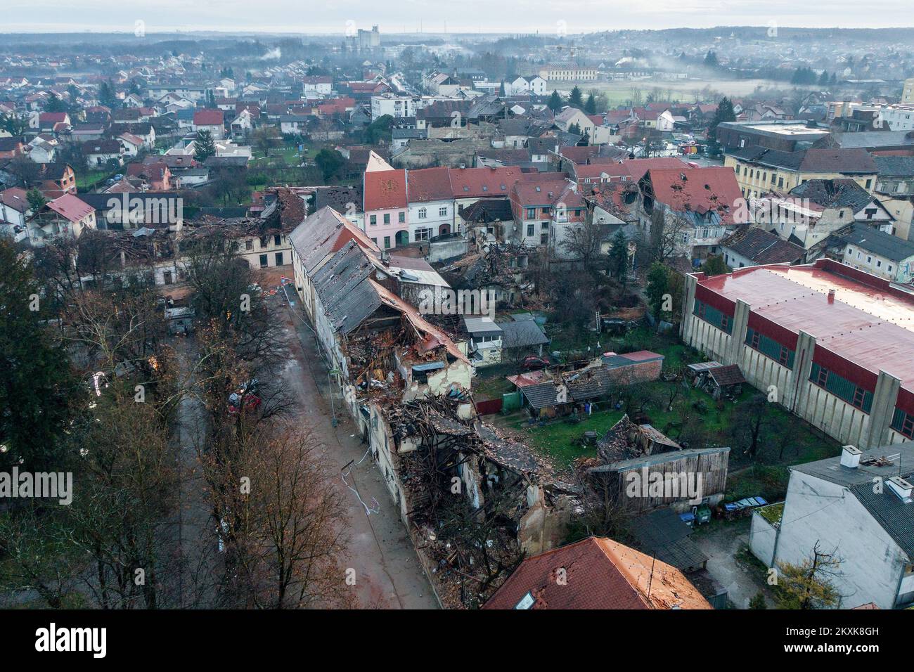 Drone view of damaged buildings after an earthquake in Petrinja ...
