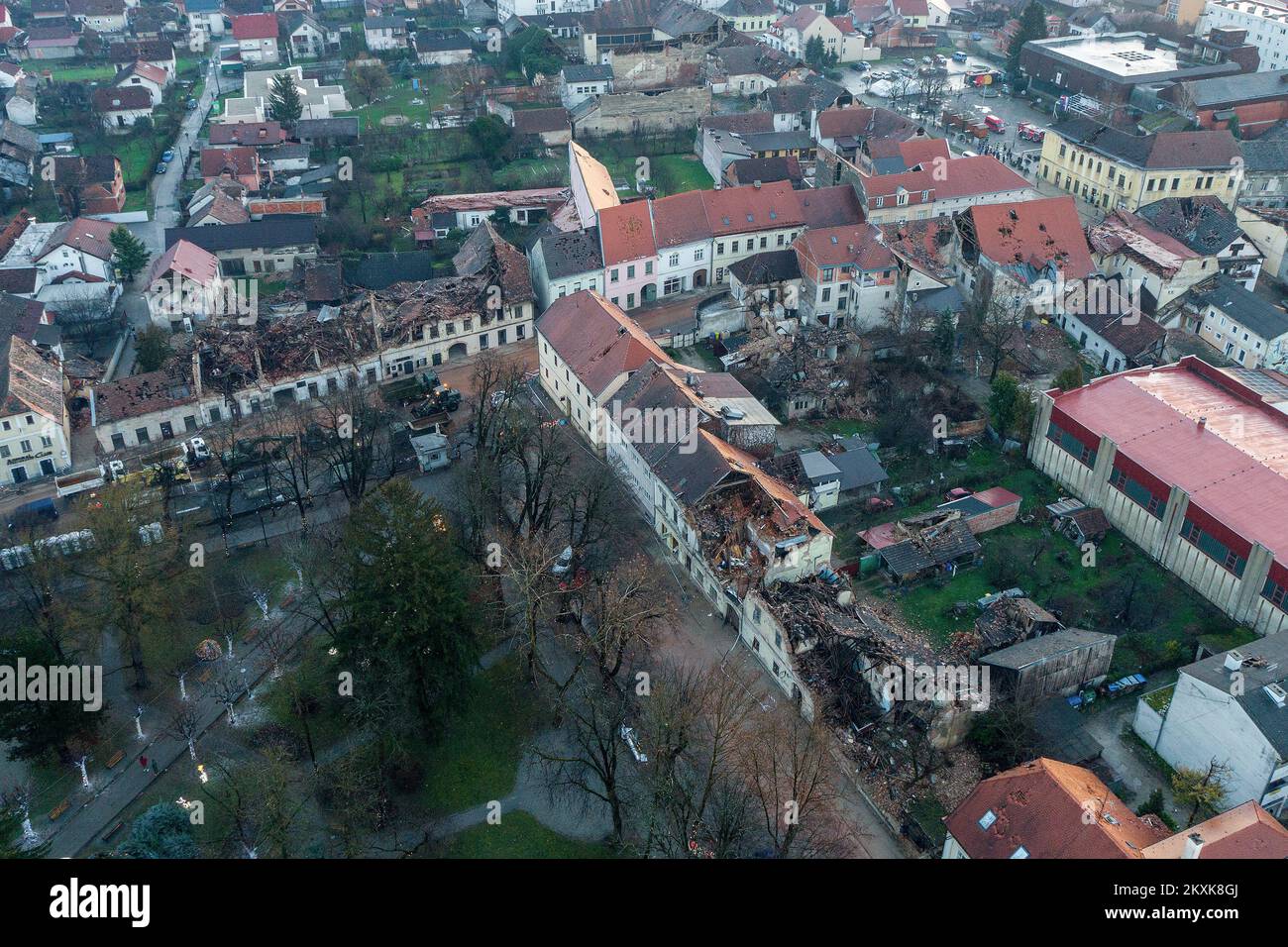 Drone view of damaged buildings after an earthquake in Petrinja ...