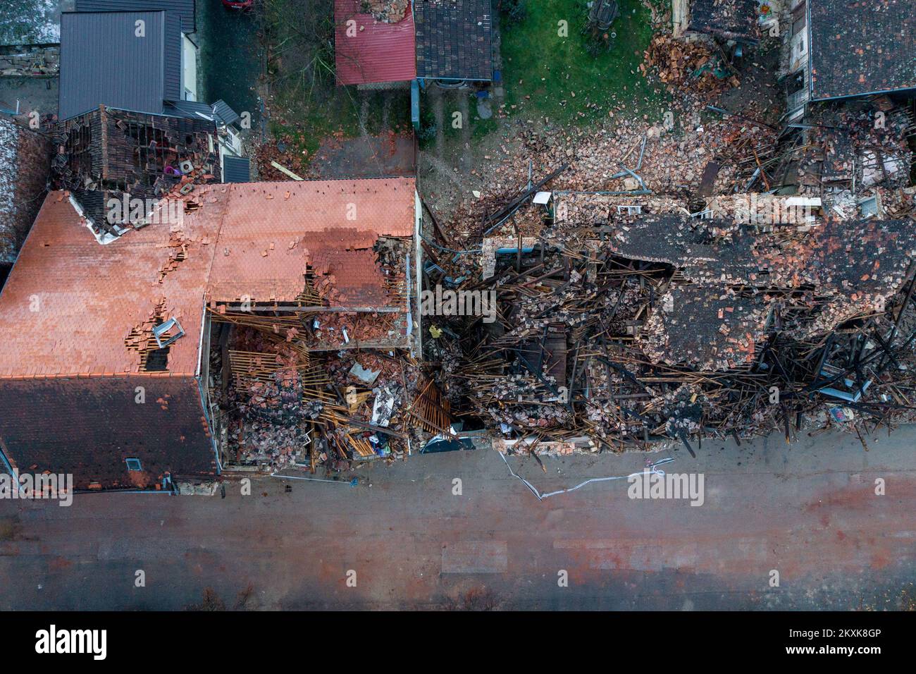 Drone view of damaged buildings after an earthquake in Petrinja ...