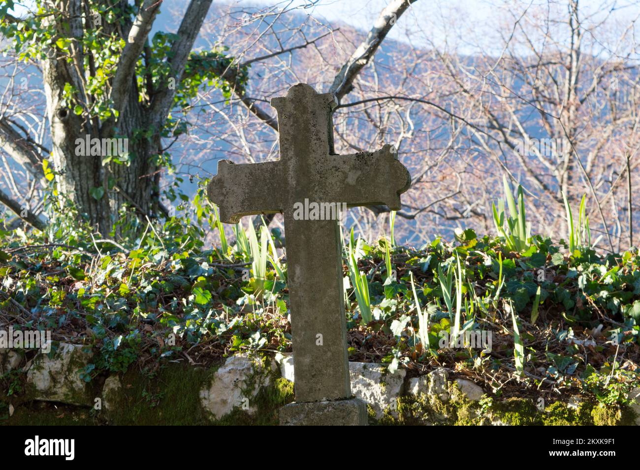 Old catholic stone cross in the cemetery Stock Photo - Alamy