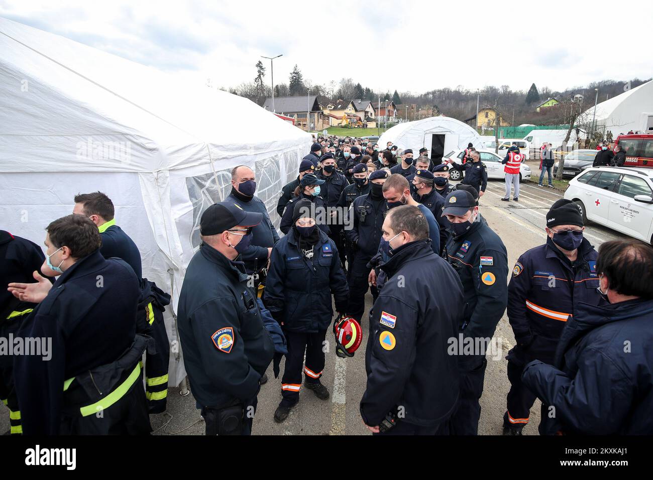 Emergency service workers wait for COVID-19 vaccination, in Petrinja ...