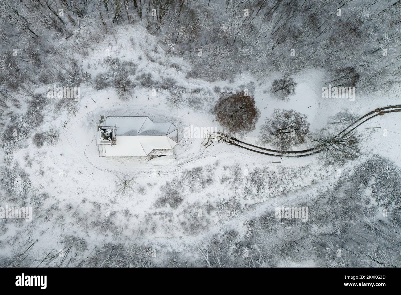 Aerial photograph shows the Chapel of the Holy Trinity in Slatina ...