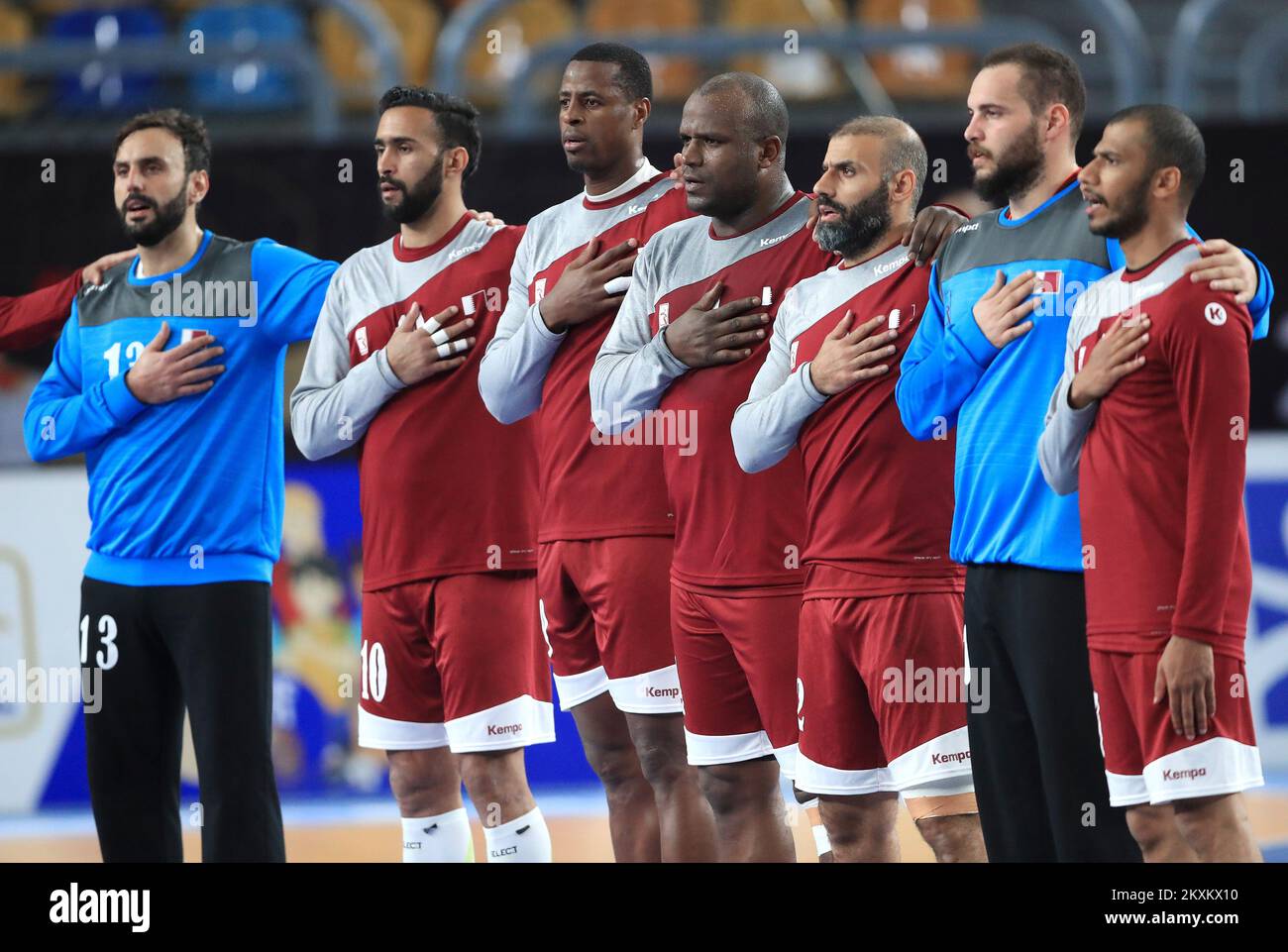 CAIRO, EGYPT - JANUARY 27: Qatars players before the 27th IHF Men's ...