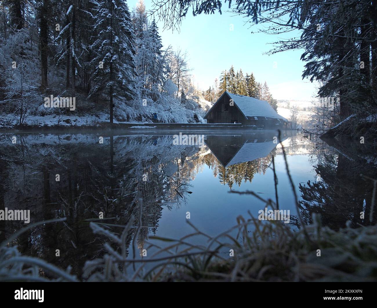 Photo taken on January 28, 2021 shows house at Cogrlja Lake in Moravice ...