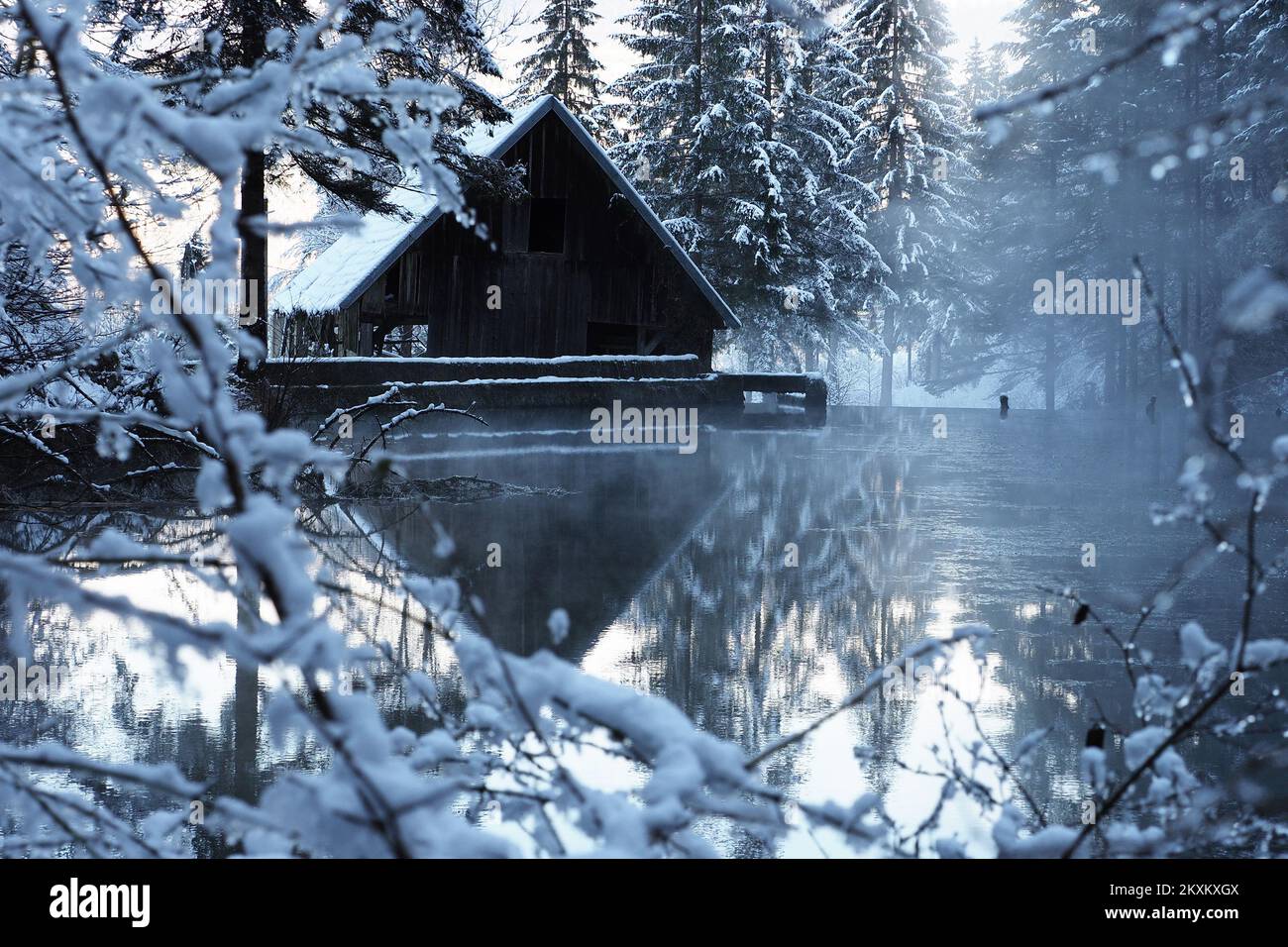 Photo taken on January 28, 2021 shows house at Cogrlja Lake in Moravice ...