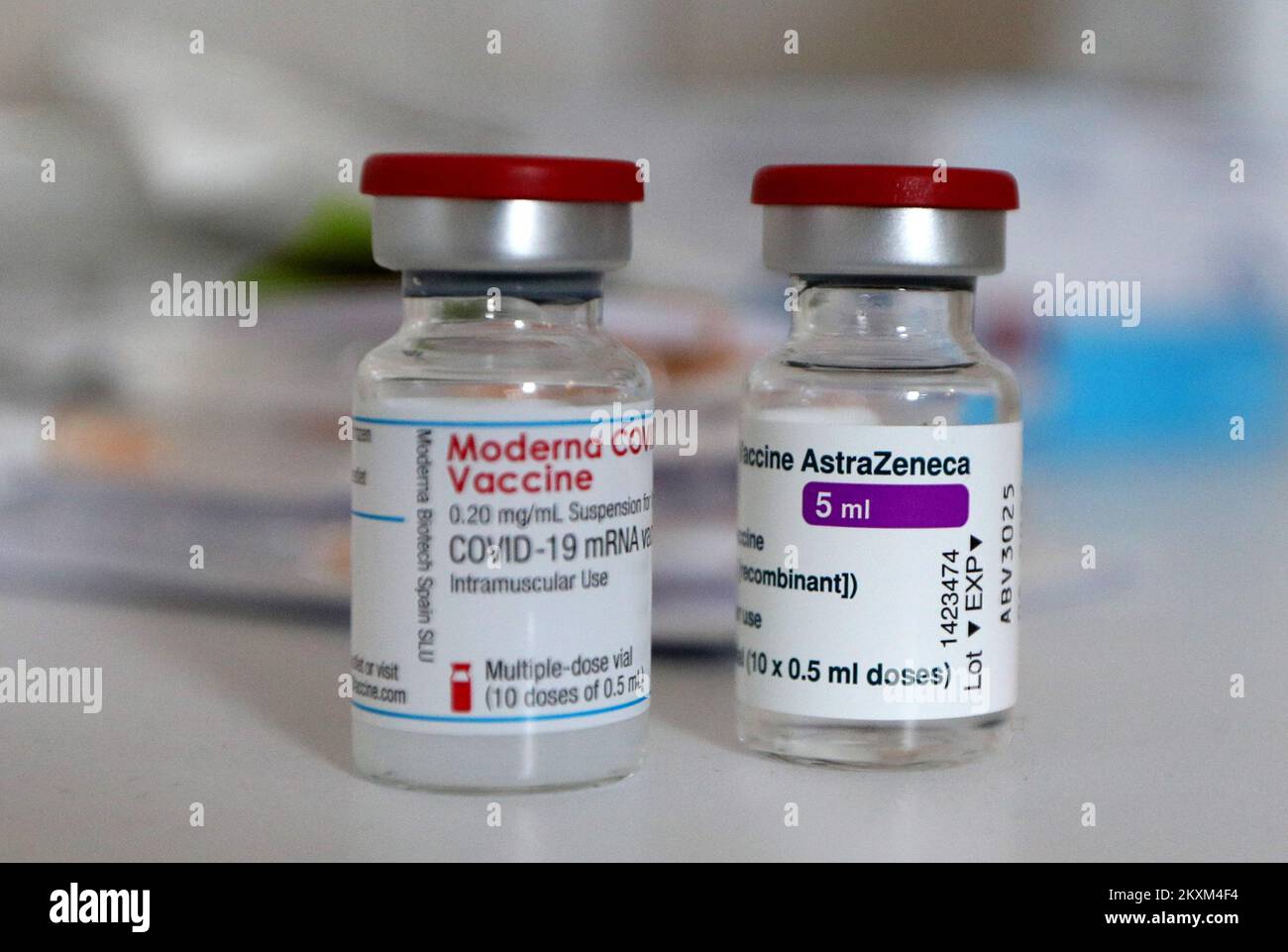 A vials of the Moderna COVID-19 and Oxford-AstraZeneca COVID-19 vaccine ...