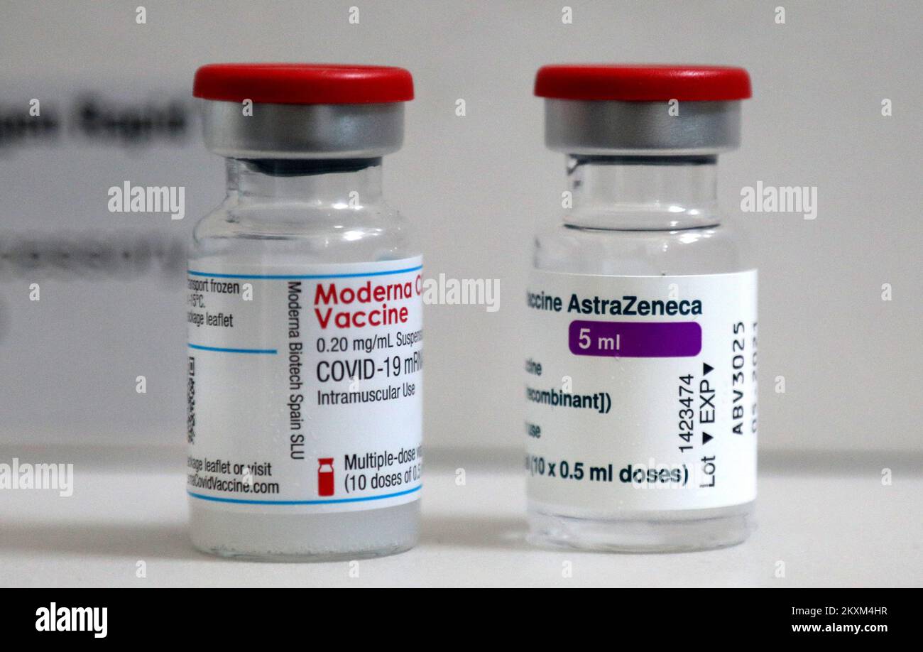 A vials of the Moderna COVID-19 and Oxford-AstraZeneca COVID-19 vaccine ...