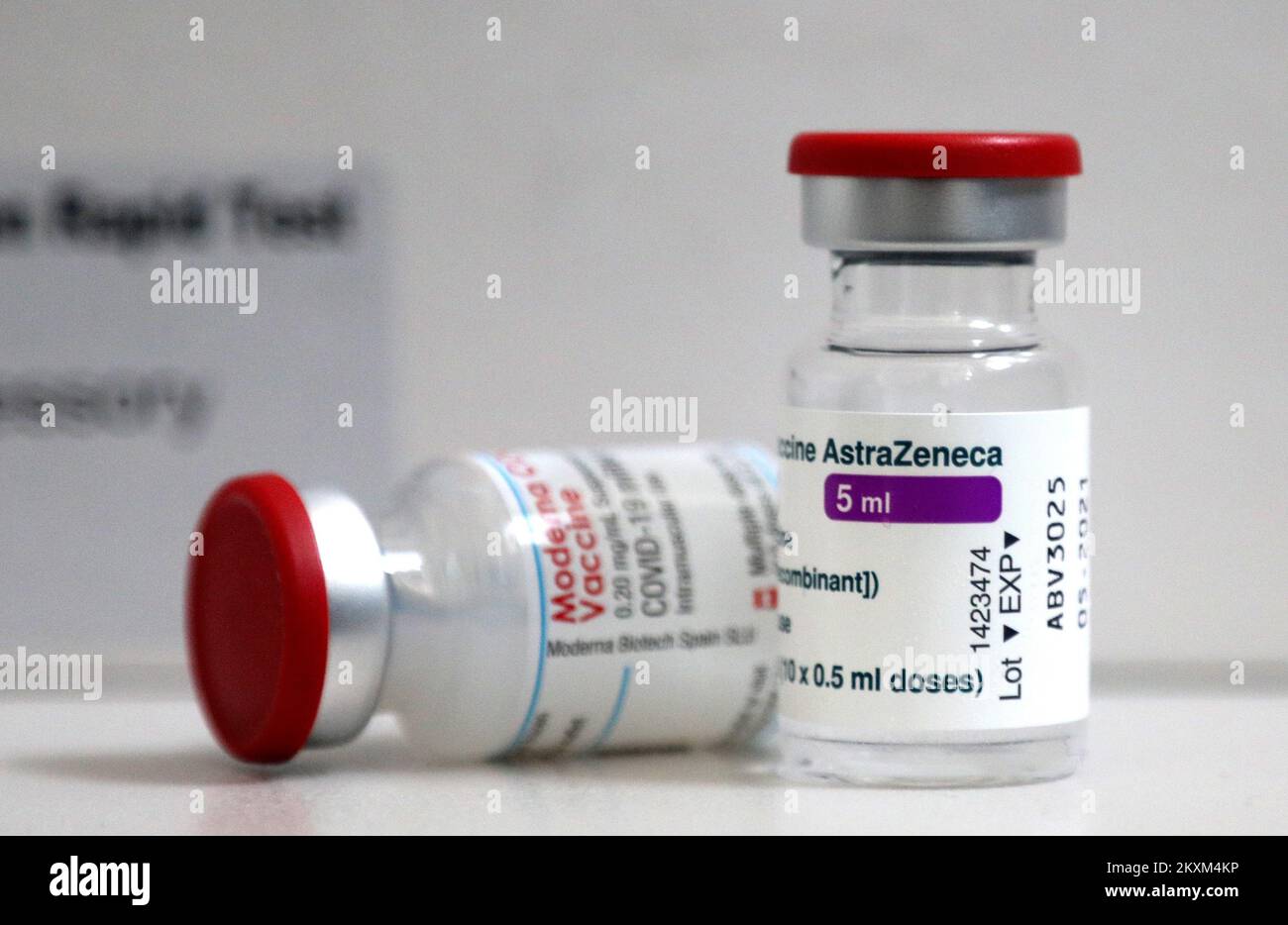 A vials of the Moderna COVID-19 and Oxford-AstraZeneca COVID-19 vaccine ...