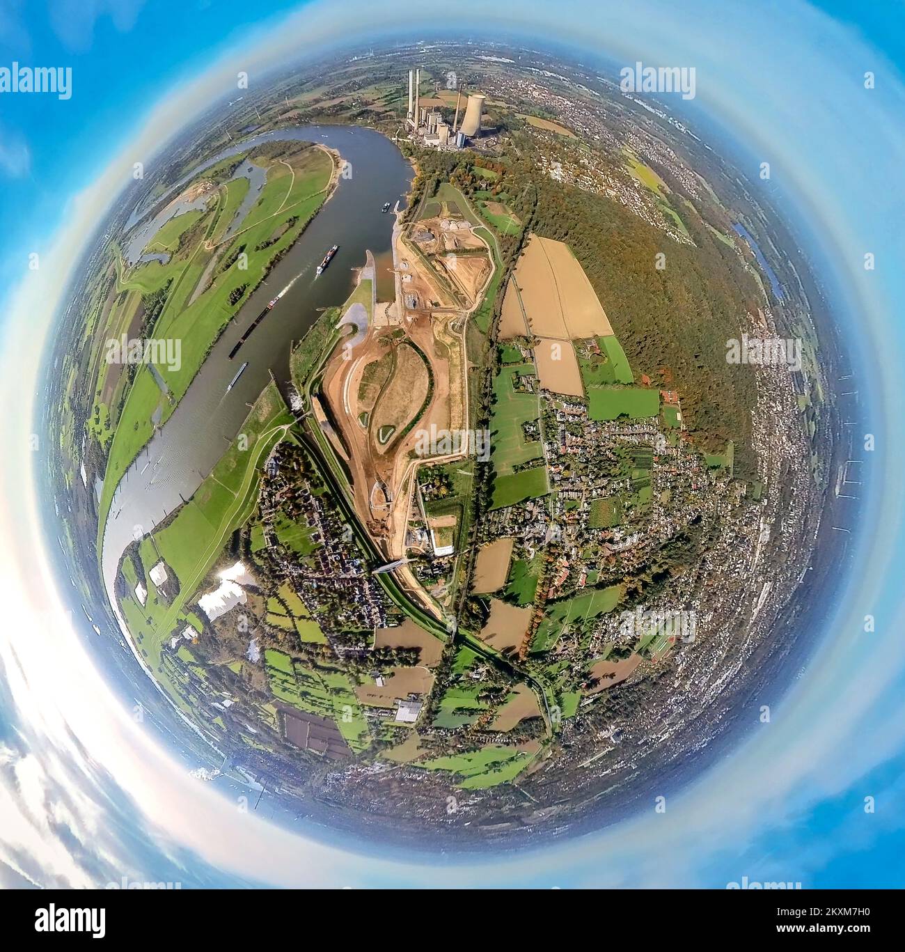 Aerial photo, Emscher estuary renaturation, river Rhine and river ...