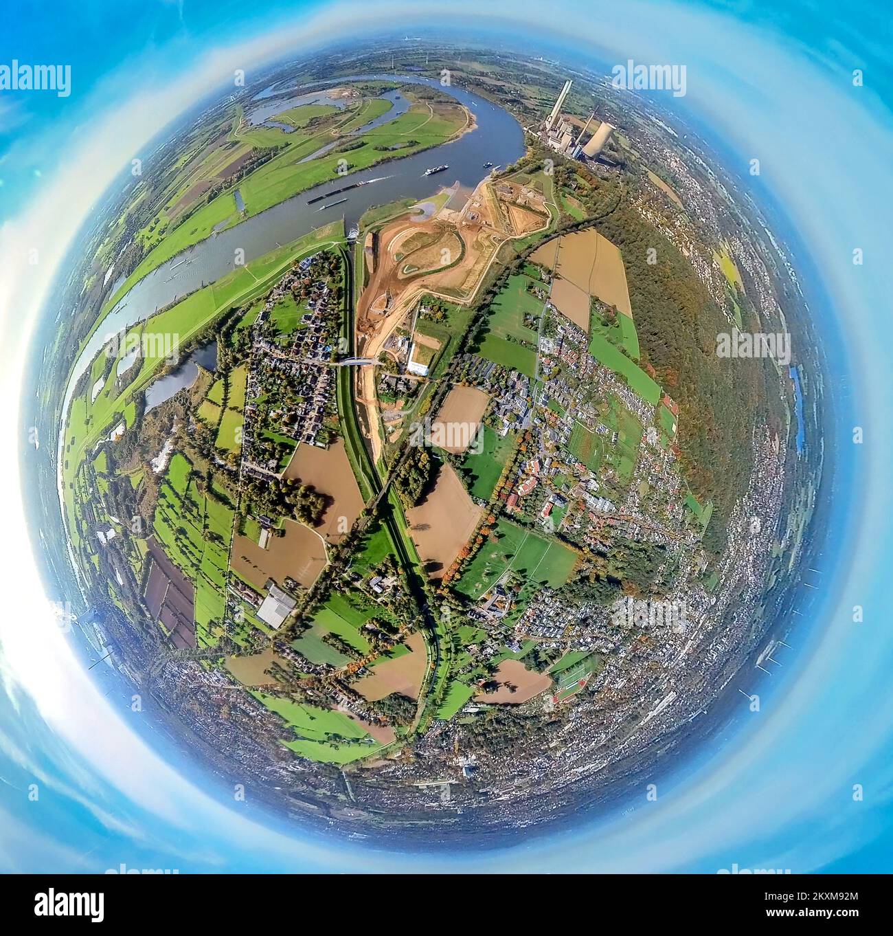 Aerial photo, Emscher estuary renaturation, river Rhine and river ...