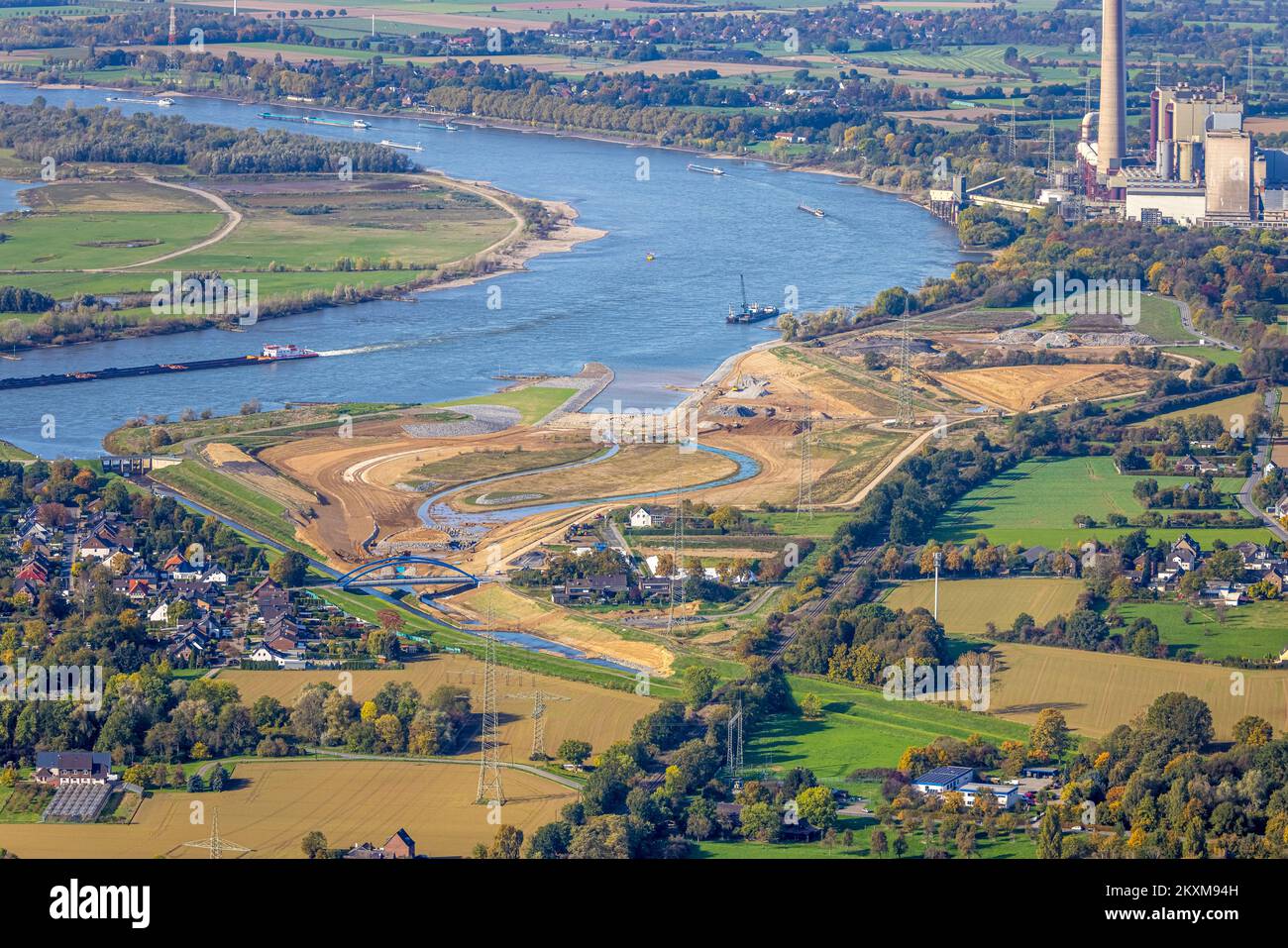 Aerial view, Emscher estuary renaturation, floodplain landscape at the ...