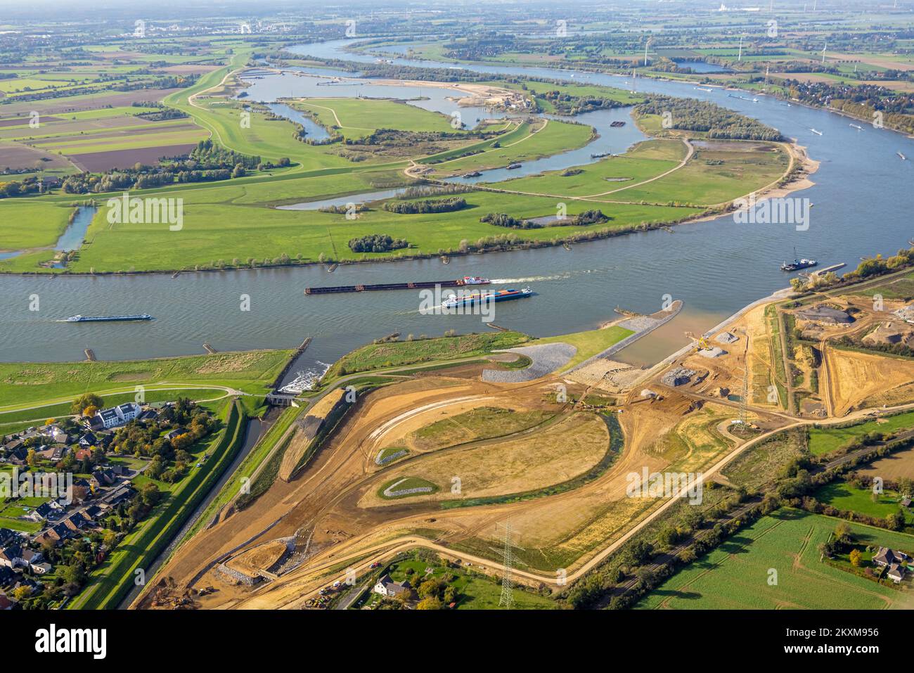 Aerial view, Emscher estuary renaturation, floodplain landscape at the ...