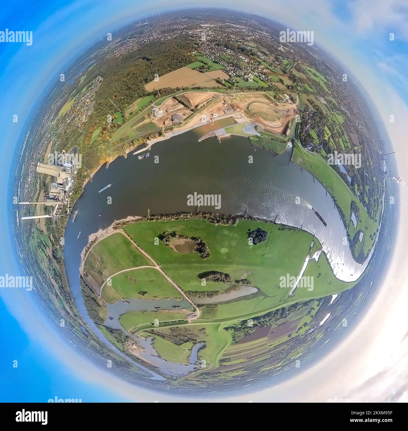 Aerial photo, Emscher estuary renaturation, river Rhine and river ...