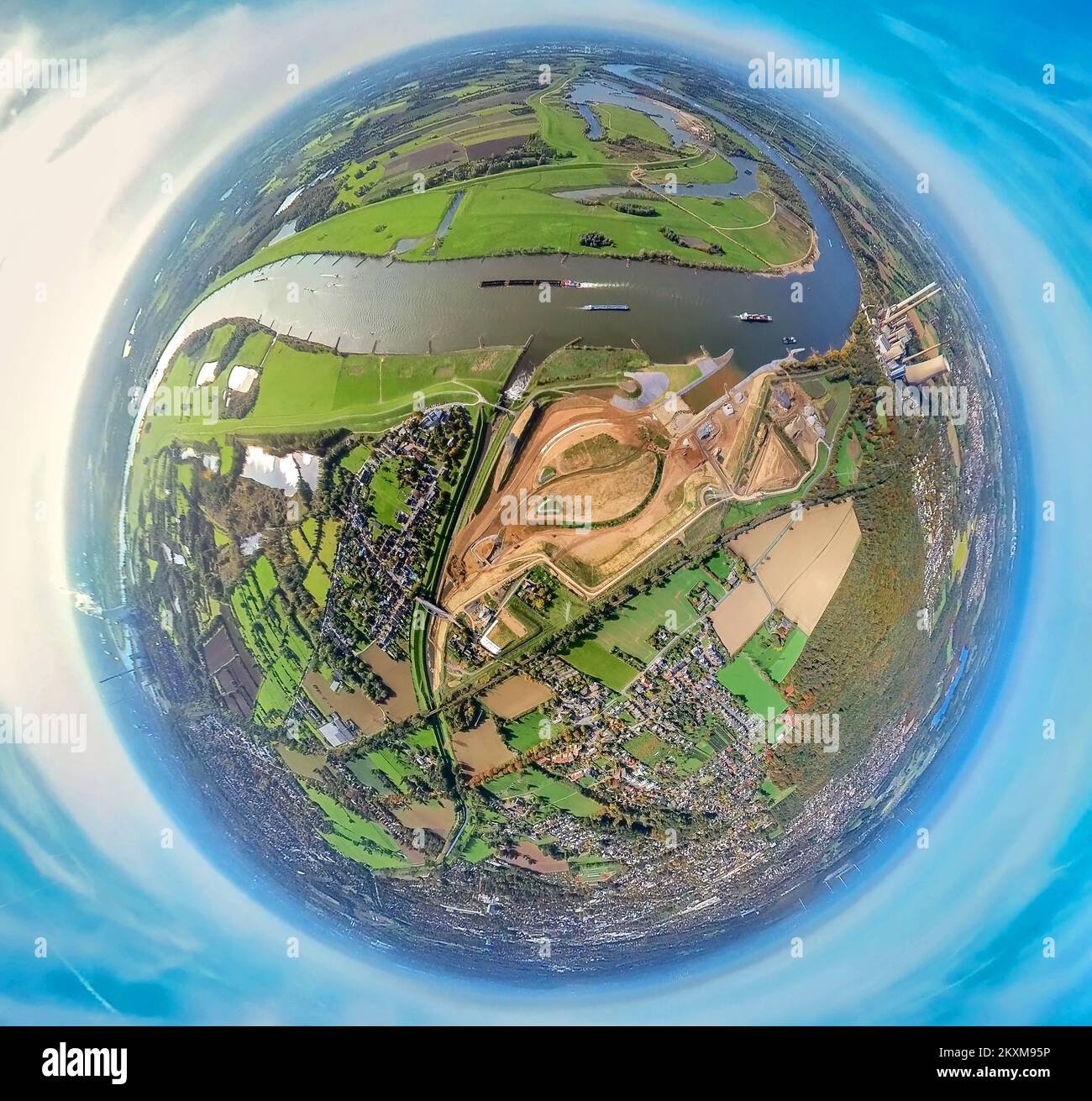 Aerial photo, Emscher estuary renaturation, river Rhine and river ...