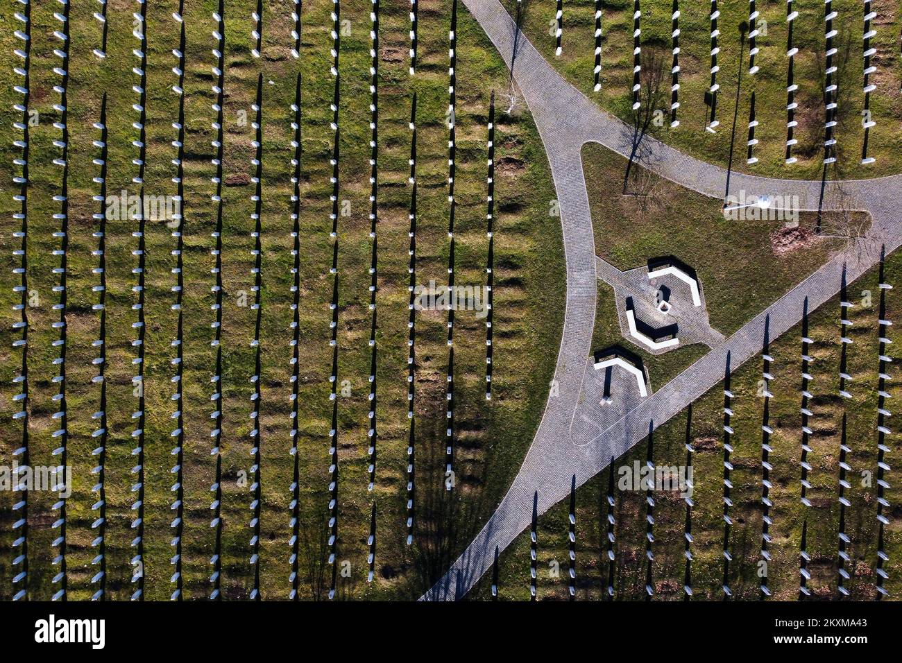 An aerial view of the Srebrenica-Potocari Genocide Memorial Center in ...