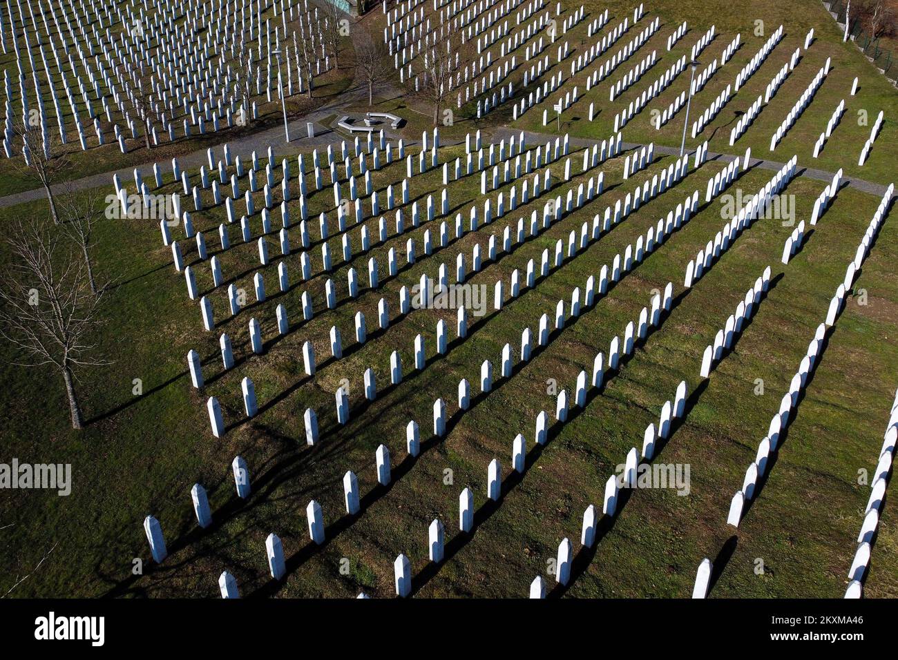 An aerial view of the Srebrenica-Potocari Genocide Memorial Center in Bosnia and Herzegovina, on ...