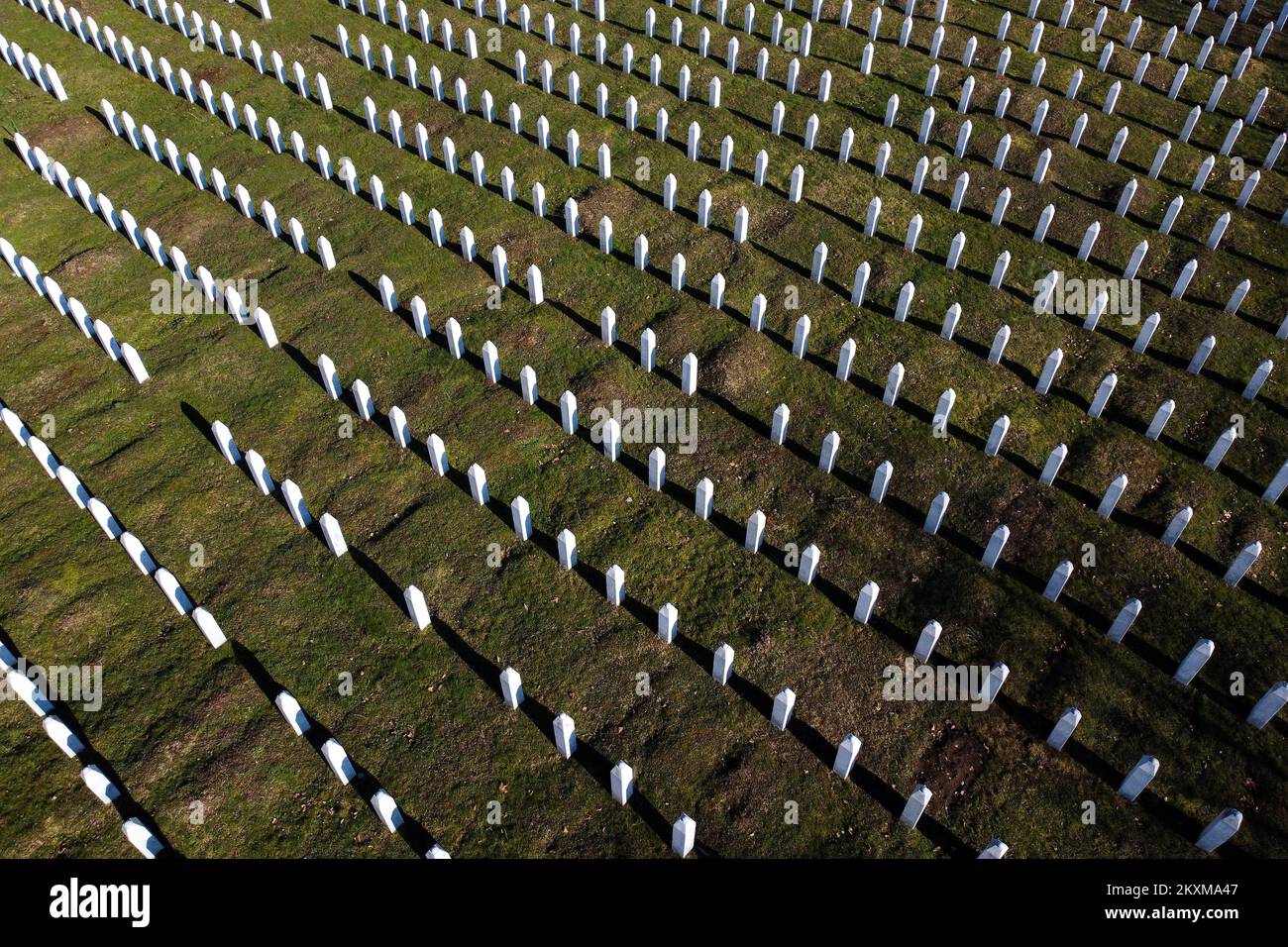 An aerial view of the Srebrenica-Potocari Genocide Memorial Center in Bosnia and Herzegovina, on ...