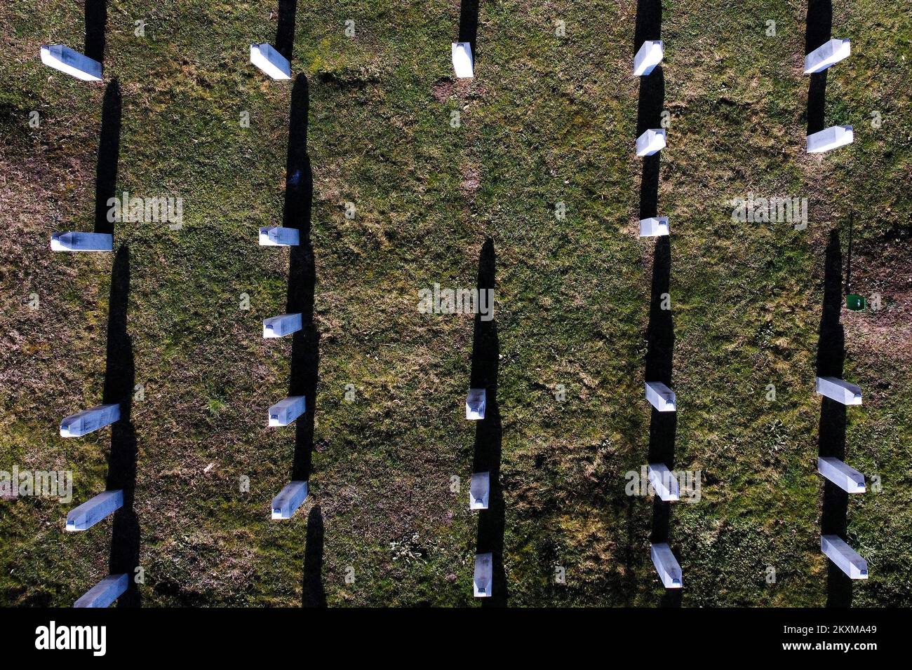 An aerial view of the Srebrenica-Potocari Genocide Memorial Center in Bosnia and Herzegovina, on ...