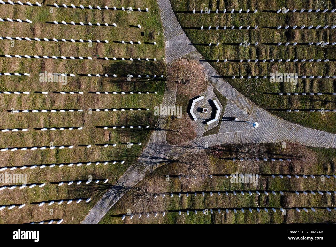 An aerial view of the Srebrenica-Potocari Genocide Memorial Center in Bosnia and Herzegovina, on ...