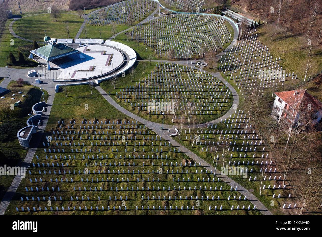 An aerial view of the Srebrenica-Potocari Genocide Memorial Center in Bosnia and Herzegovina, on ...