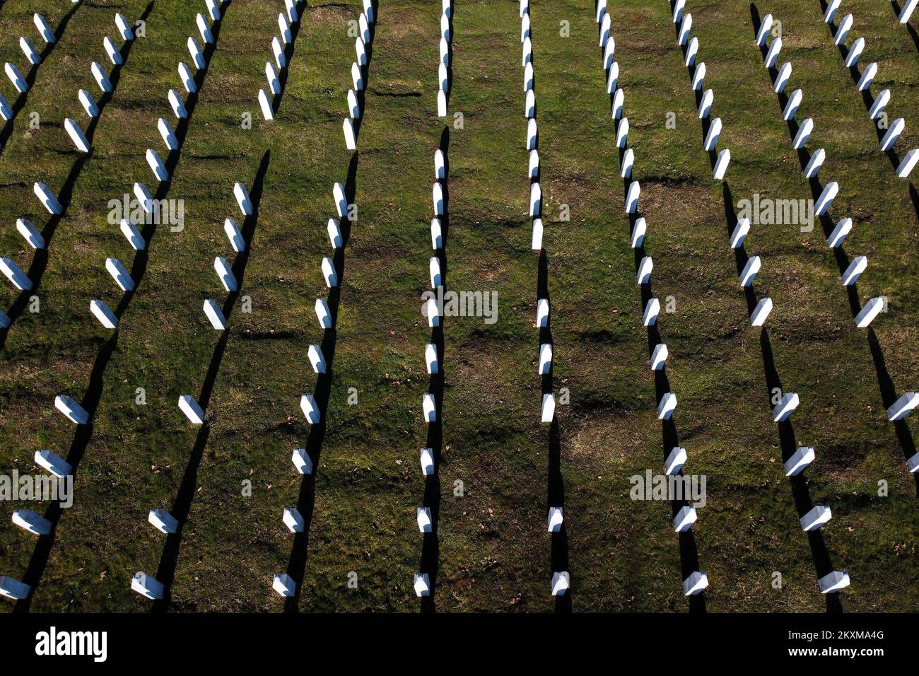 An aerial view of the Srebrenica-Potocari Genocide Memorial Center in Bosnia and Herzegovina, on ...