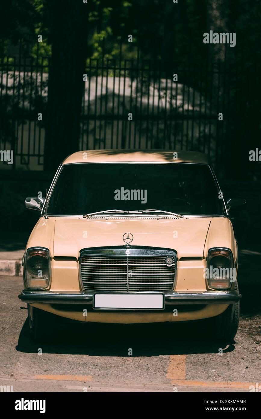 Izmir, Turkey - April 23, 2022: Front view of a Mercedes brand w114 ...